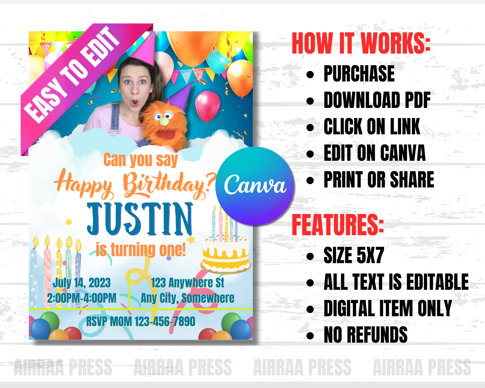 Editable Miss Rachel Birthday Invitation Template Canva Digital ...