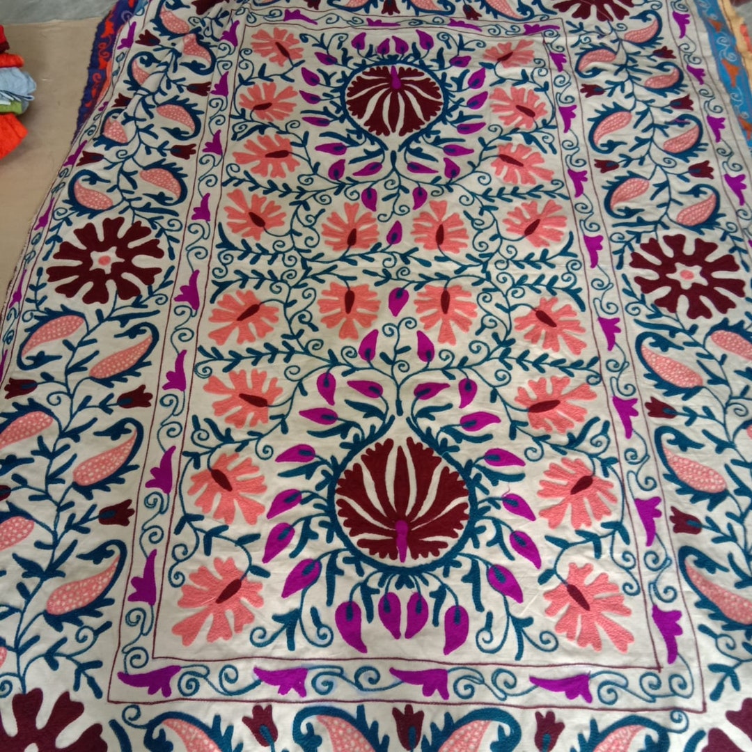 Uzbekistan Cotton Suzani Throw, Blanket, Hand Embroidery, Bedsheet ...