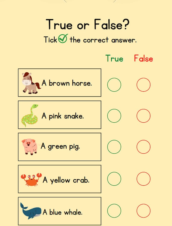 Fun ESL Kids Worksheet True or False Animal Colors - Etsy
