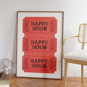 Happy Hour Ticket Print Bar Cart Decor Red Vintage Wall Art Trendy ...