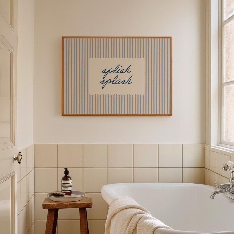 Splish Splash Print: Blue Striped Bathroom Art, Kids Bath Decor ...