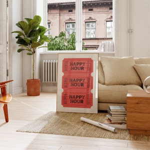 Happy Hour Ticket Print Bar Cart Decor Red Vintage Wall Art Trendy ...