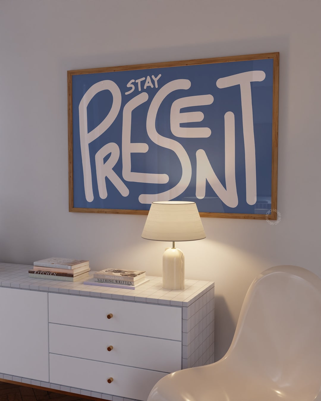 Stay Present Typography Print, Blue Horizontal Wall Art, Trendy Posters ...