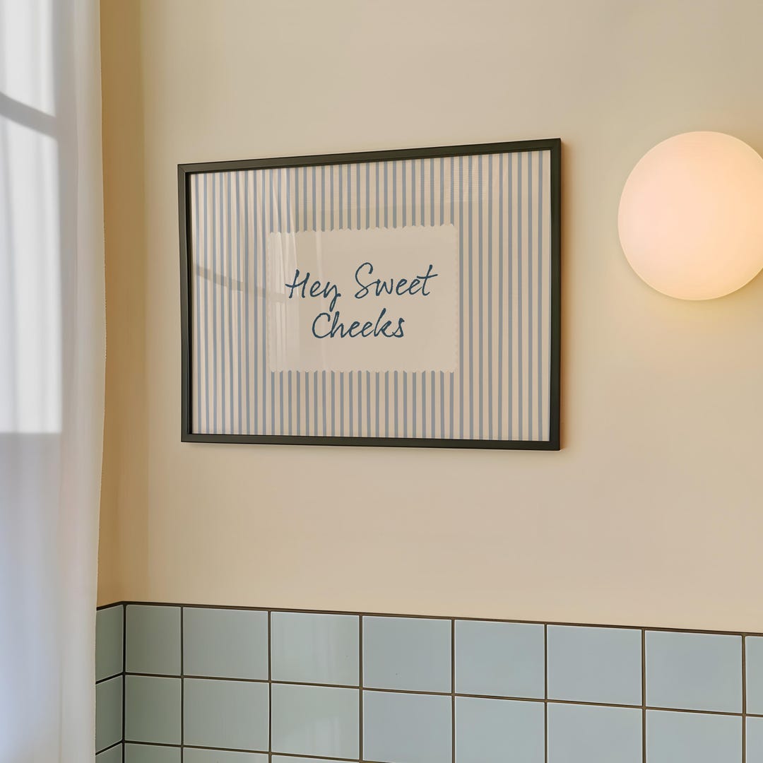 Hey Sweet Cheeks Print: Blue Striped Bathroom Decor, Vintage Toilet Art ...