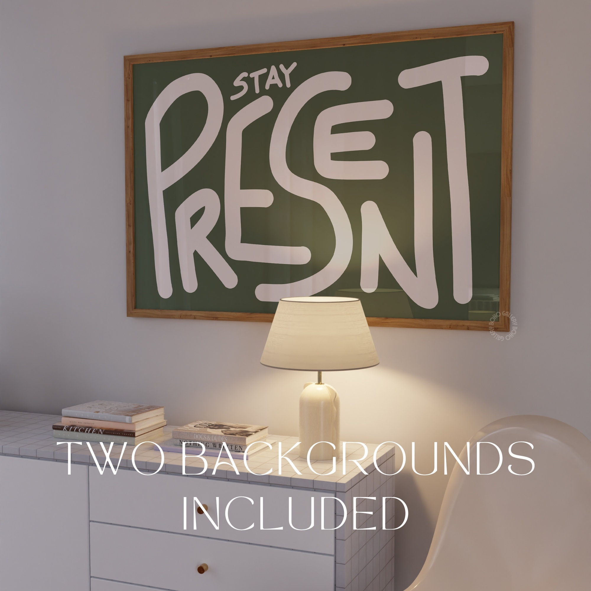 STAY PRESENT Horizontal Poster, Olive Green Art, Uplifting Affirmation ...