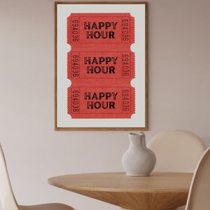 Happy Hour Ticket Print Bar Cart Decor Red Vintage Wall Art Trendy ...