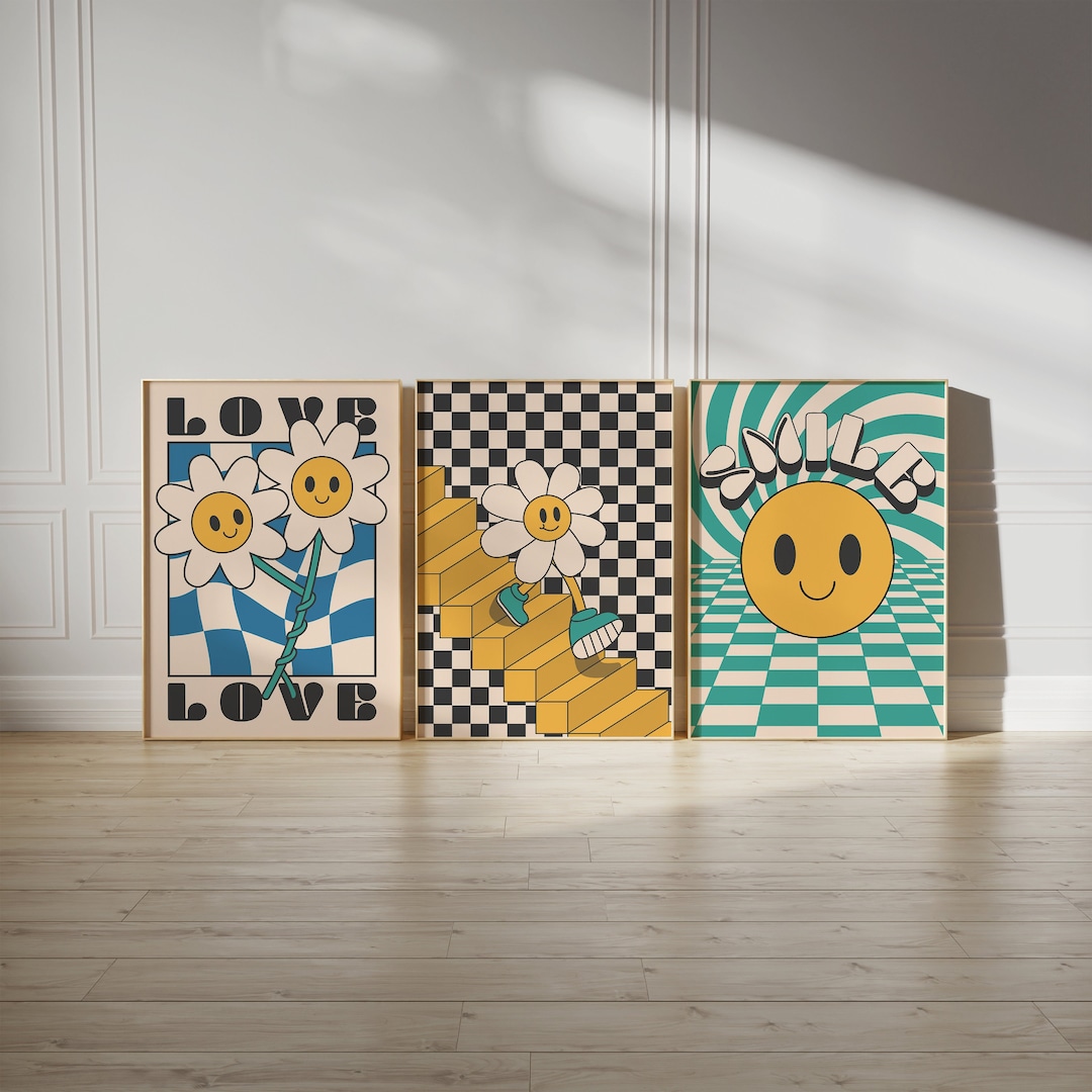 Retro Groovy Wall Art Retro Flowers Wall Art Set Funky Retro - Etsy