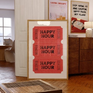 Happy Hour Ticket Print Bar Cart Decor Red Vintage Wall Art Trendy ...