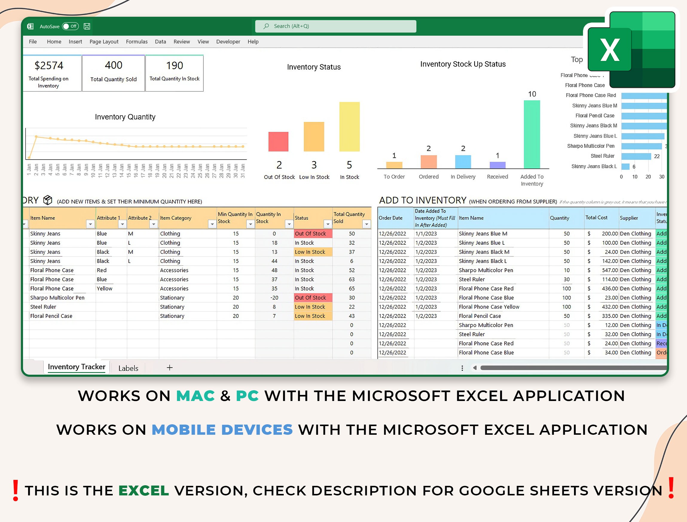 Excel Inventory Tracker Spreadsheet Template, Inventory Template Sheet, Inventory Log List ...