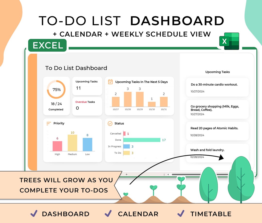 Excel to Do List Template, Excel Dashboard, Excel Planner Spreadsheet ...
