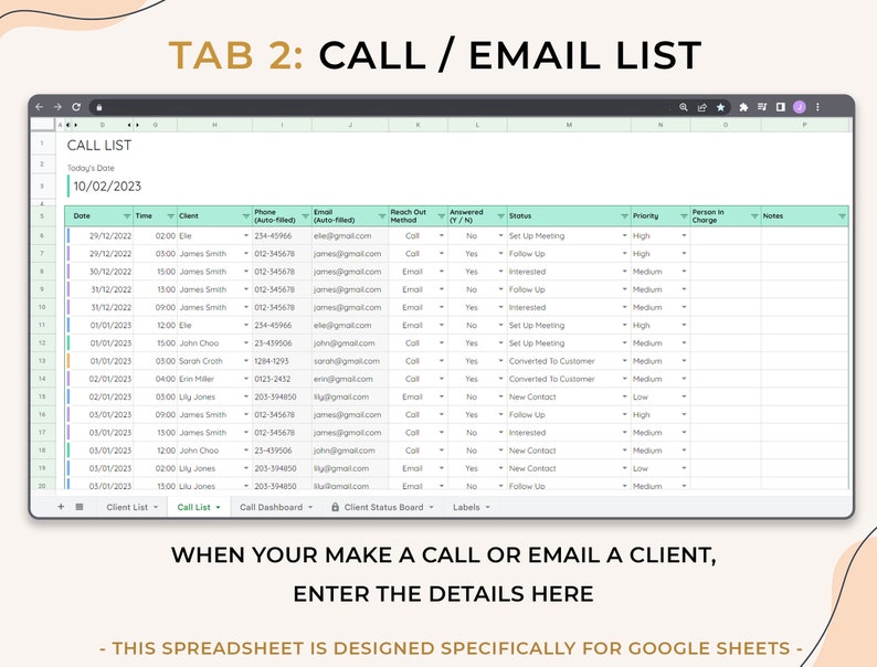 Client Call & Email Tracker, Small Business Template, Google Sheets ...