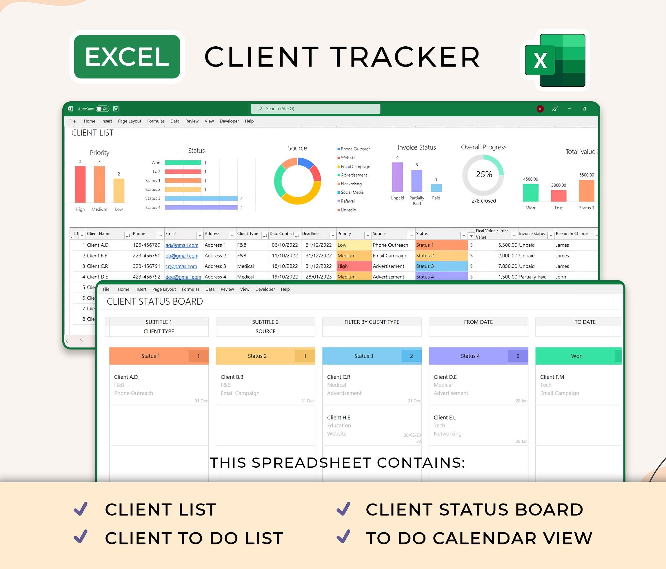 Excel Client Tracker, Excel Small Business Template, CRM Dashboard ...