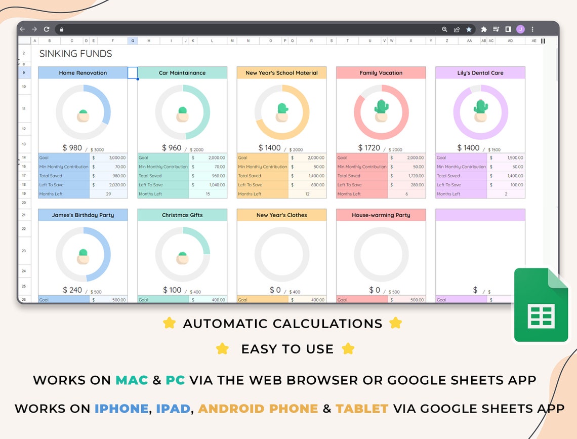 Cactus Sinking Funds Tracker, Savings Goal Google Sheets Template ...