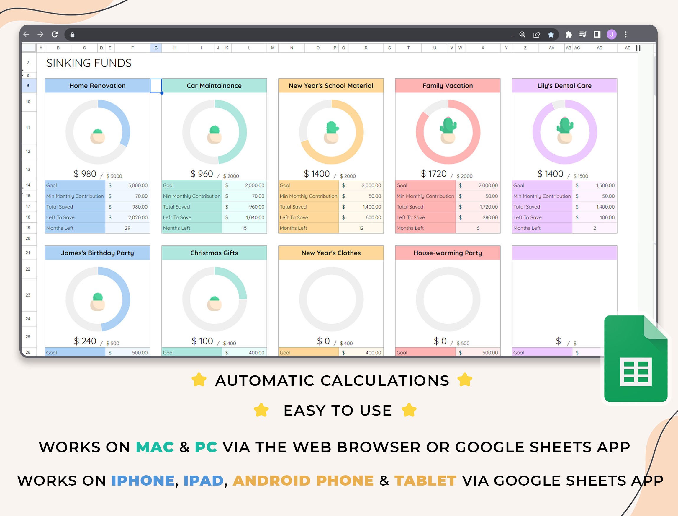 Cactus Sinking Funds Tracker, Google Sheets Savings Template, Vacation ...
