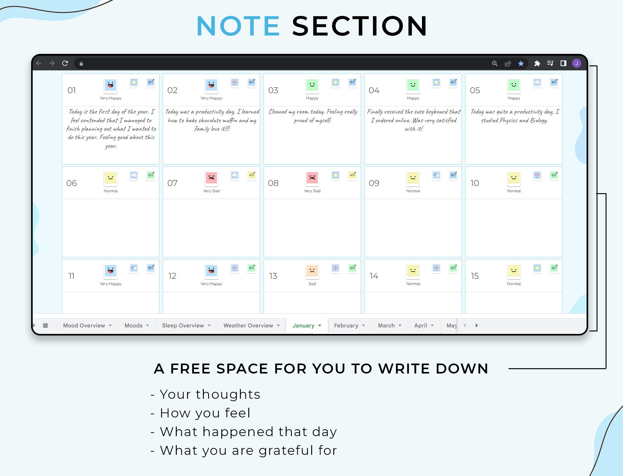 Digital Mood Tracker Spreadsheet, Google Sheets Template, Mood Journal ...