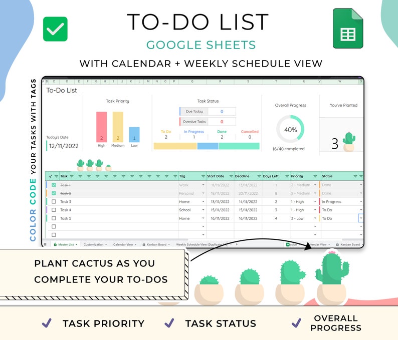 Google Sheets To-do List Template With Calendar & Weekly Schedule - Etsy