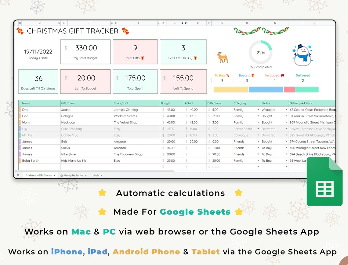 Christmas Gift Tracker Google Sheets Template Christmas - Etsy