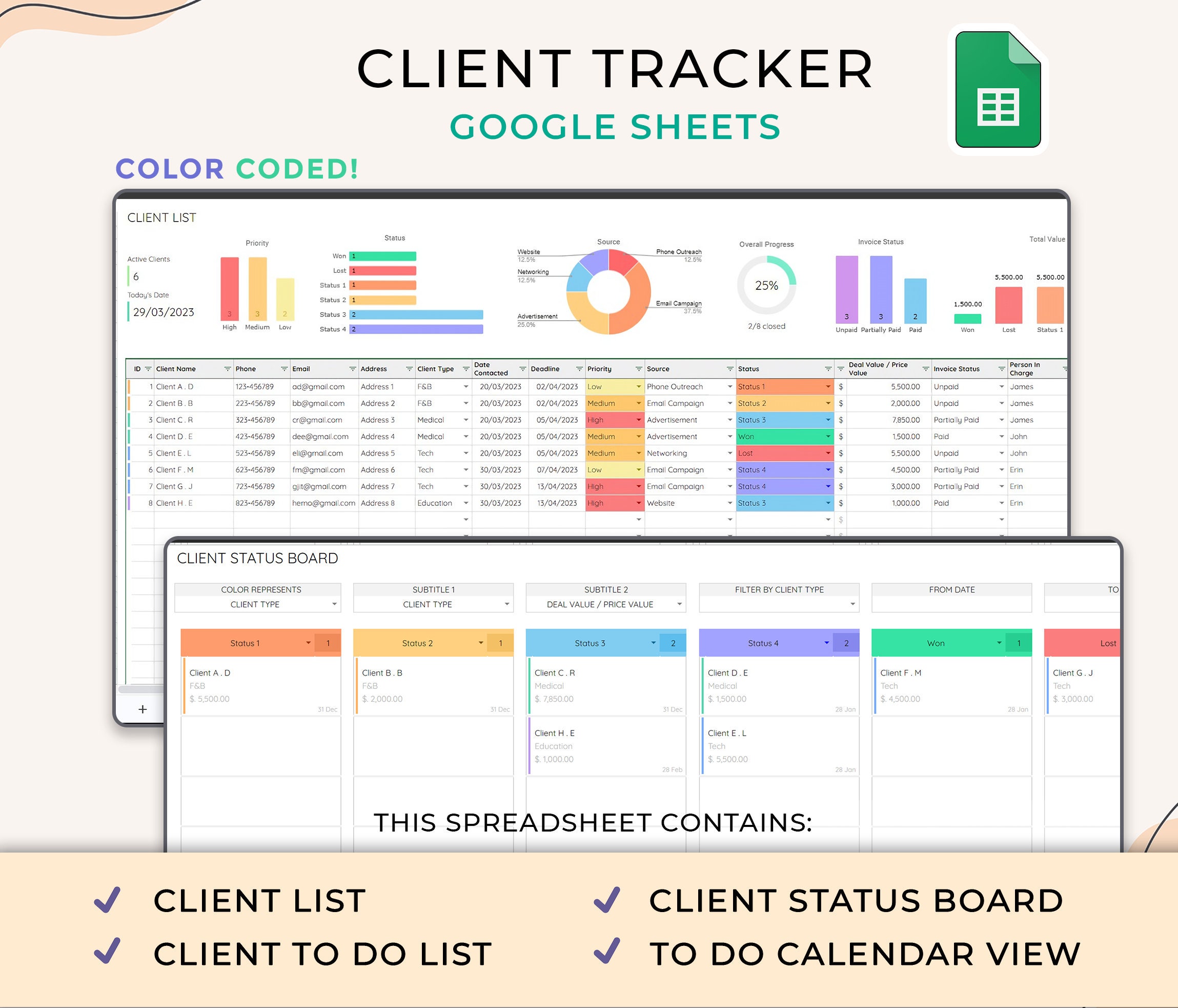 Client Tracker, Small Business Template, Google Sheets, CRM Dashboard ...