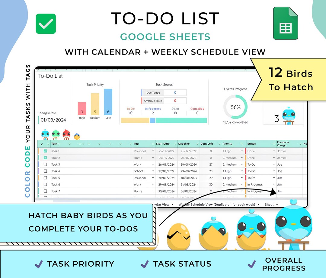 To Do List Template, Google Sheets Spreadsheet, Daily to Do, Digital, Checklist Template ...