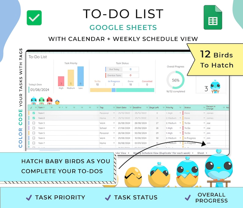 To Do List Template, Google Sheets Spreadsheet, Daily to Do, Digital ...