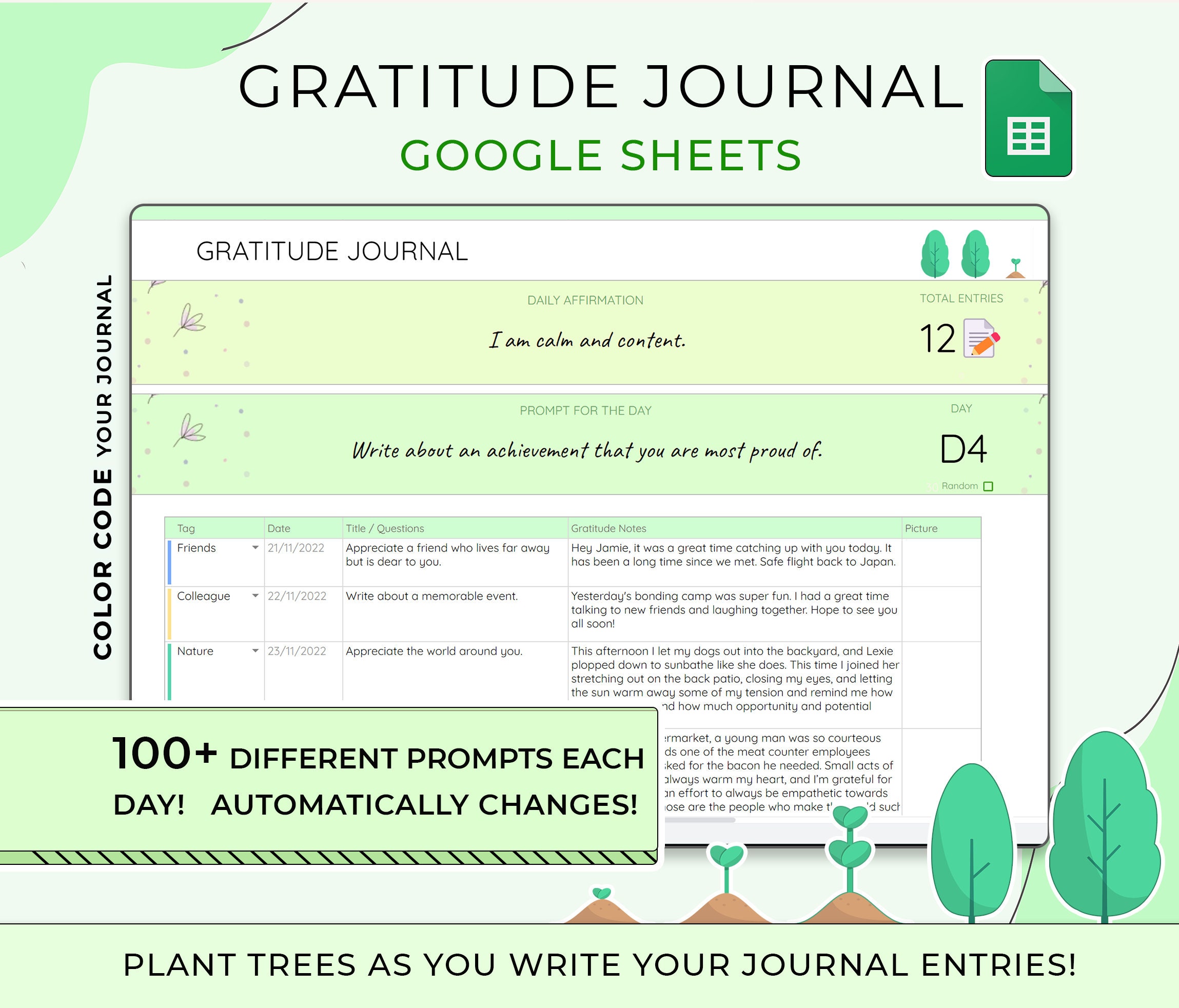 Gratitude Journal, 100+ Prompts, Mindfulness Planner (google Sheets ...