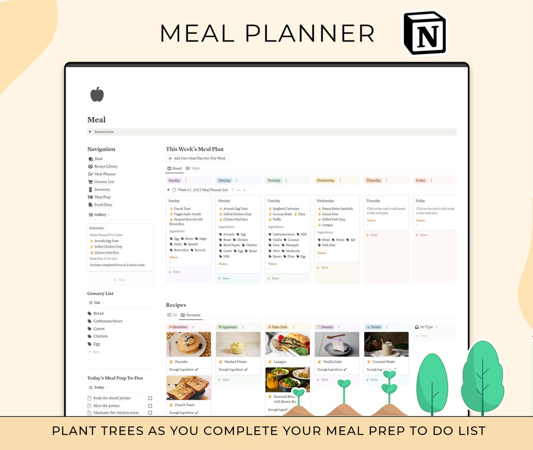 Notion Meal Planner, Notion Template, Weekly Meal Planner Template ...
