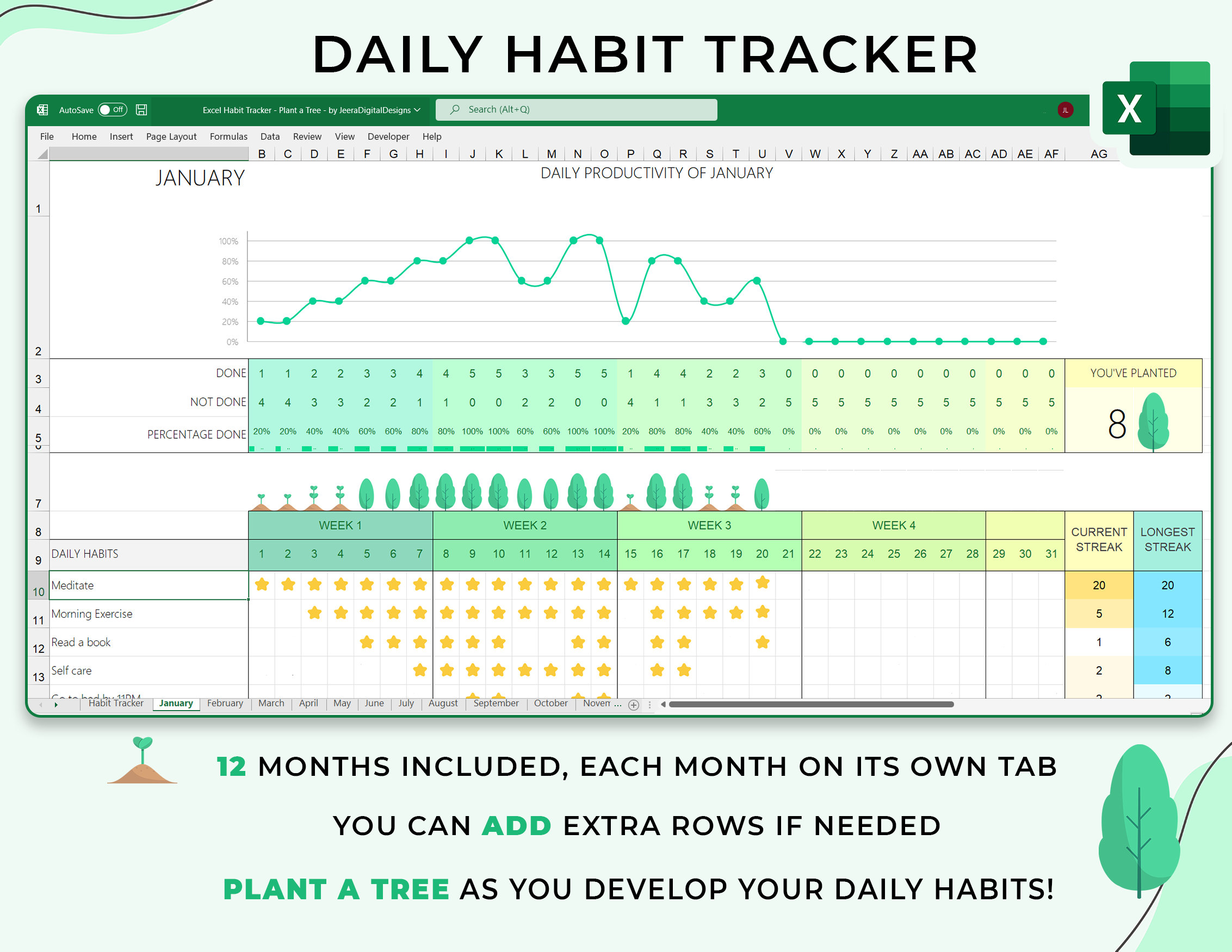 Excel - Habit Tracker Excel Template, Excel Spreadsheet, Excel ...