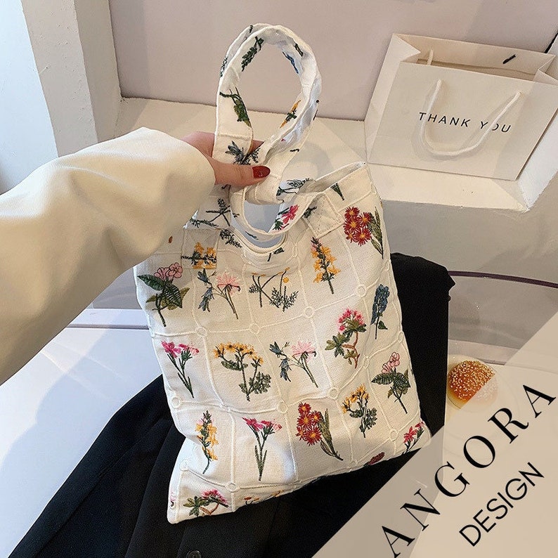 Flower Embroidered Tote Bag, Floral Shoulder Bag, Eco-friendly Shopping ...