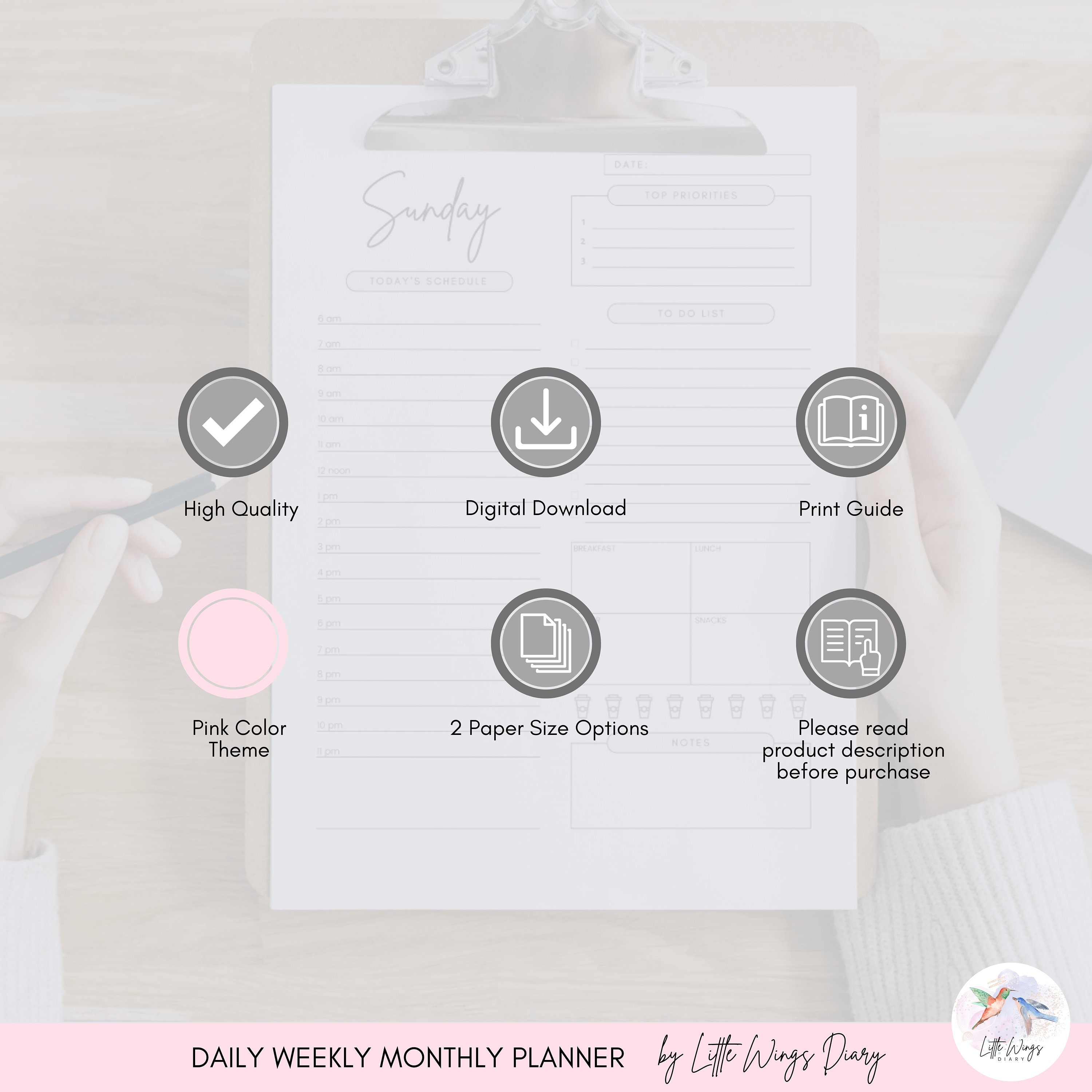 Printable Pink Daily Weekly Monthly Planner Hourly to Do Day Organizer ...