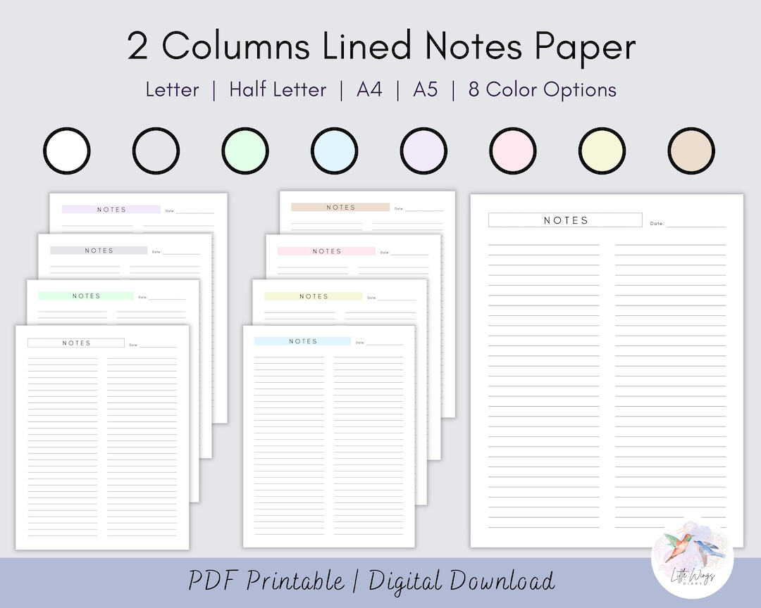 2 Columns Ruled Lined Notes Paper Printable Pages Planner Binder Diary ...
