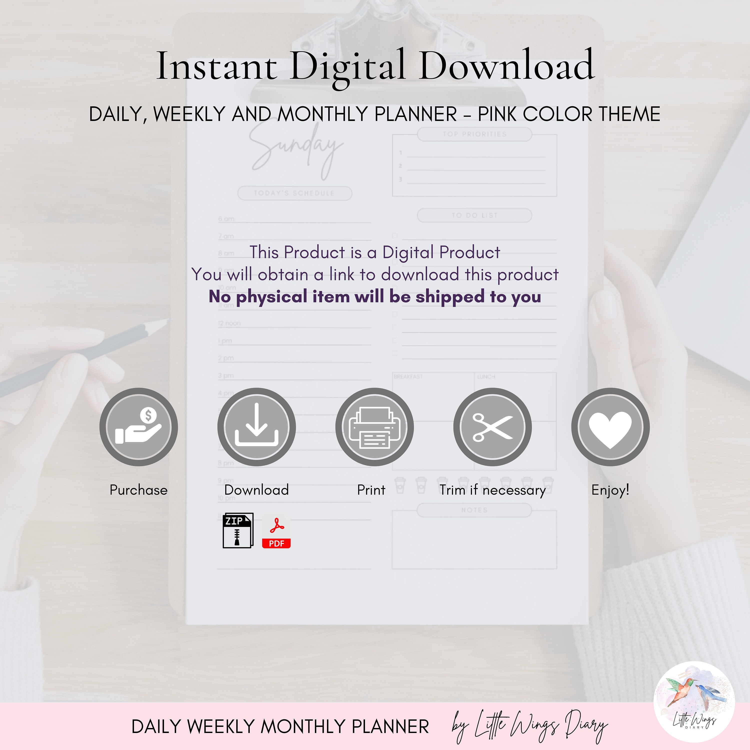 Printable Pink Daily Weekly Monthly Planner Hourly to Do Day Organizer ...