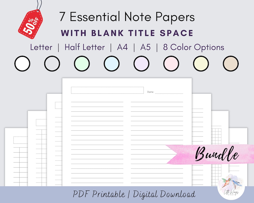 Note Paper Bundle: Lined, Grid & Dotted, US Letter, A4, A5 (digital ...