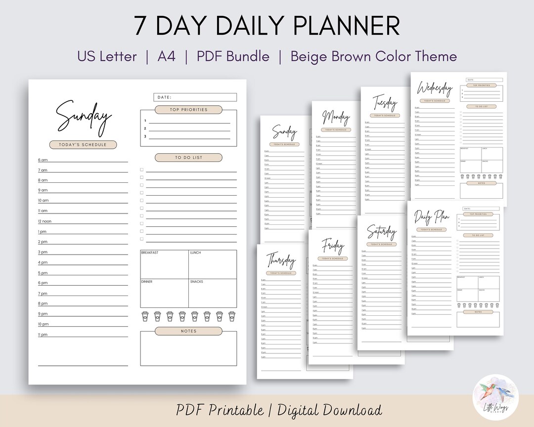 Printable Beige Brown 7 Day Daily Planner Hourly Digital Download US ...