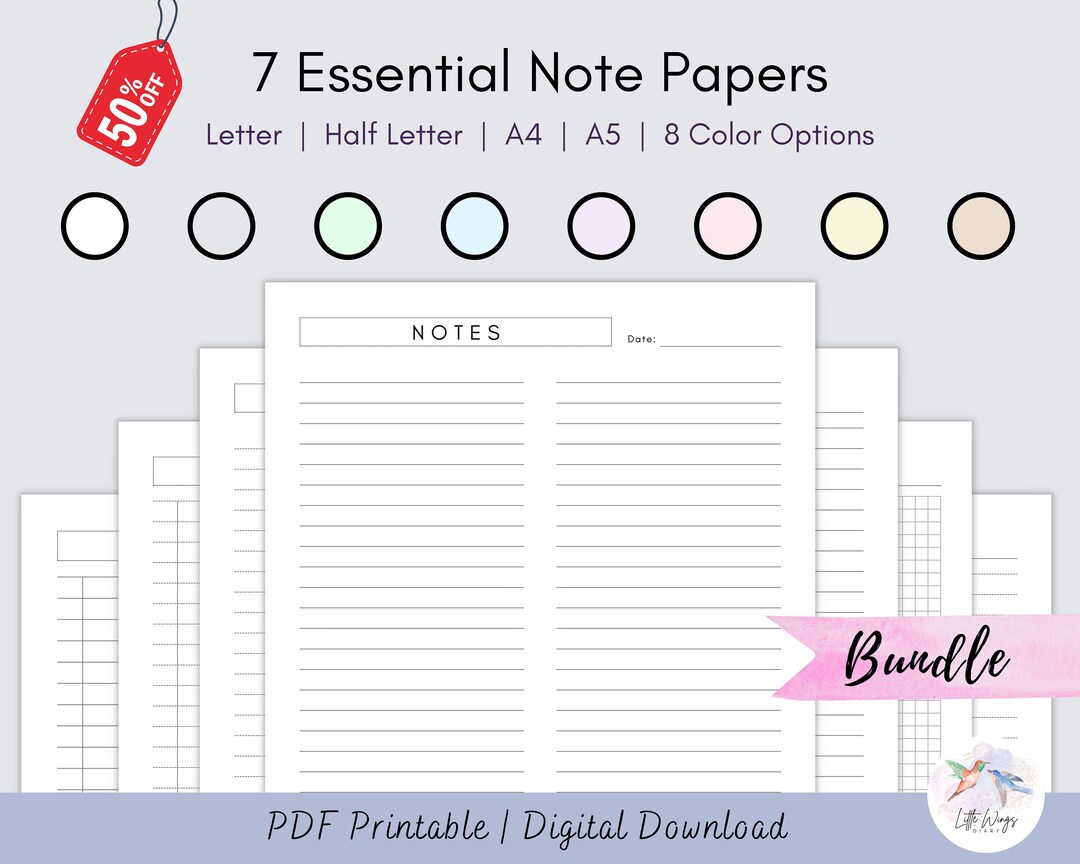 7 Essential Note Papers Bundle Printable Pages Planner Binder Journal ...