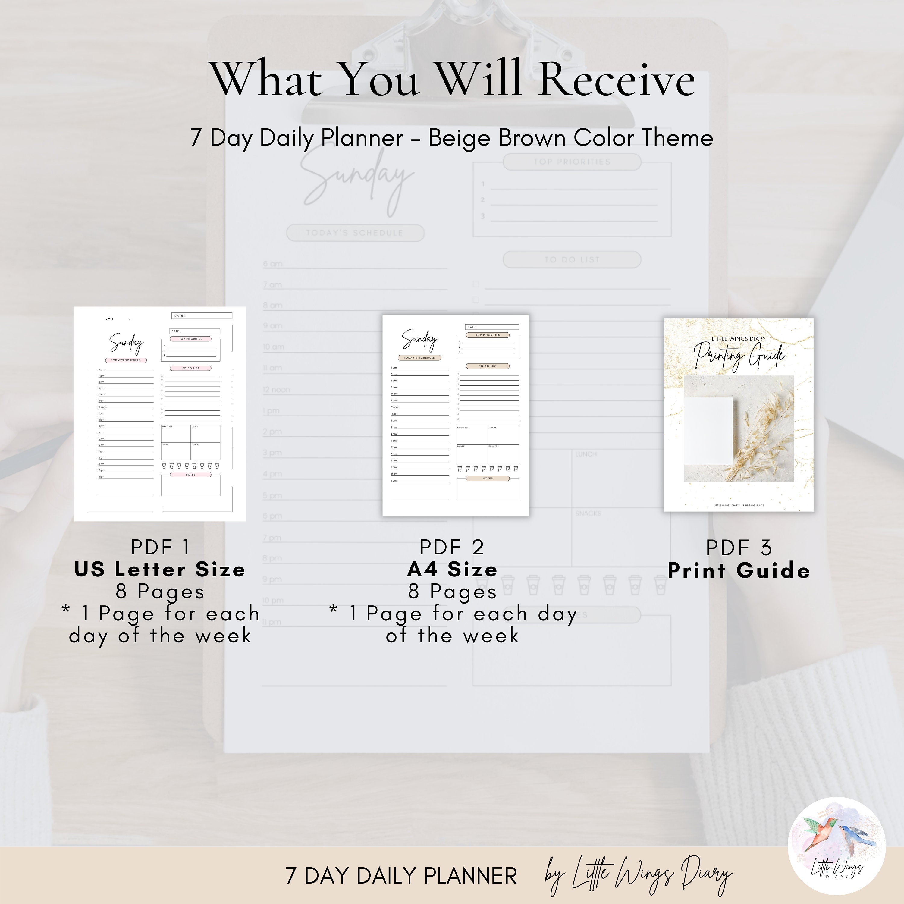 Printable Beige Brown 7 Day Daily Planner Hourly Digital Download US ...