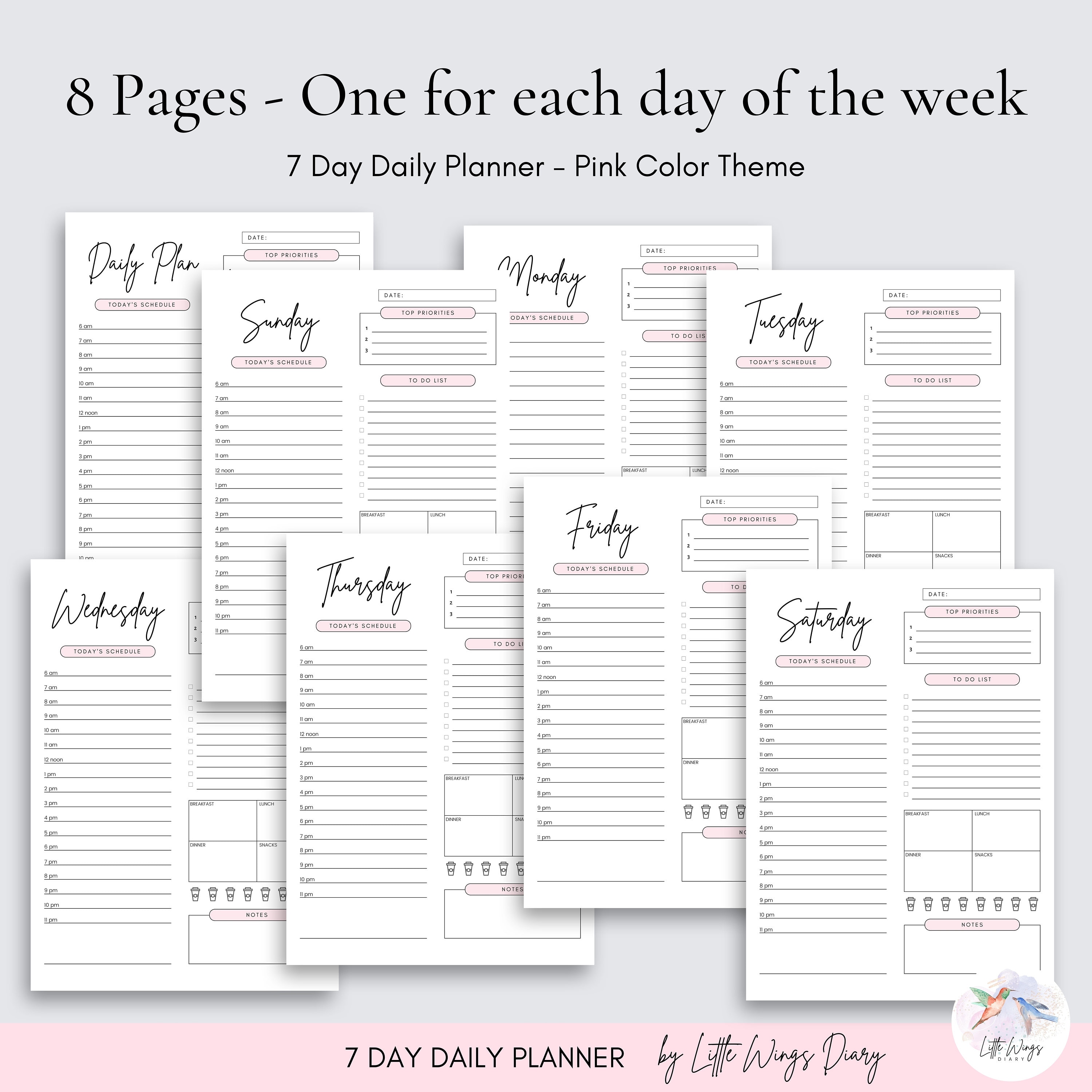 Printable Pink 7 Day Daily Planner Hourly to Do Day to Day Organizer ...