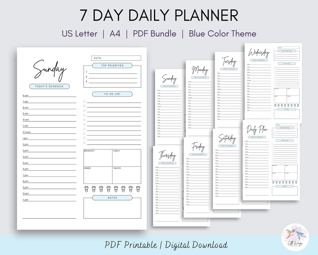 Printable Blue 7 Day Daily Planner Day to Day Organizer Digital ...