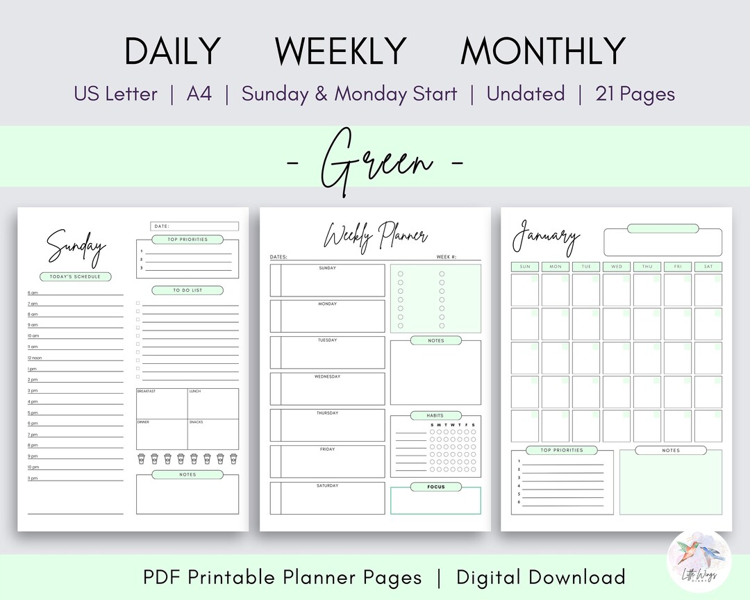 Printable Green Daily Weekly Monthly Undated Planner Hourly to Do ...