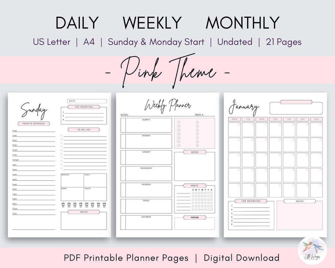 Printable Pink Daily Weekly Monthly Planner Hourly to Do Day Organizer ...