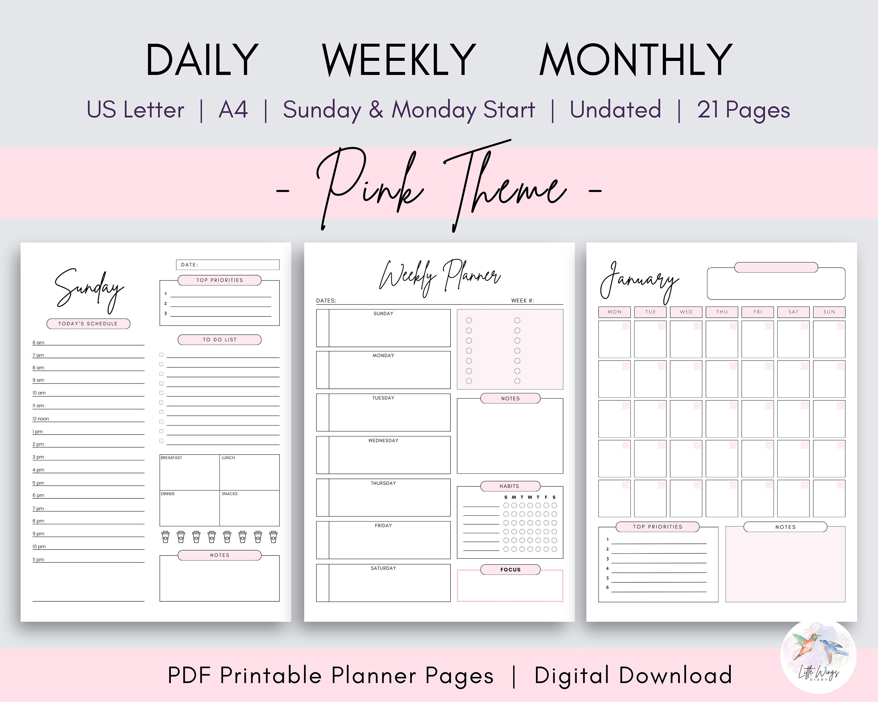 Printable Pink Daily Weekly Monthly Planner Hourly to Do Day Organizer ...