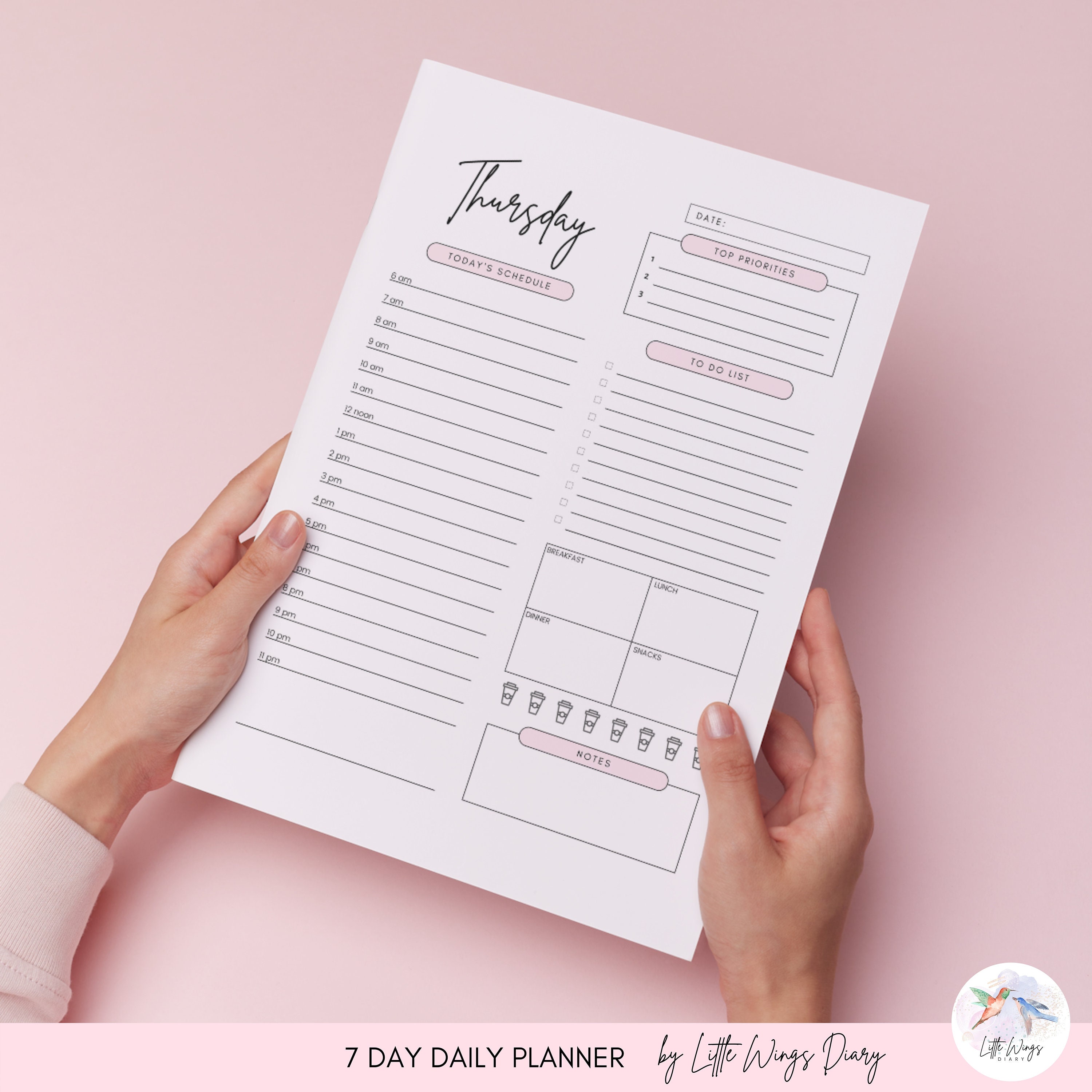 Printable Pink 7 Day Daily Planner Hourly to Do Day to Day Organizer ...