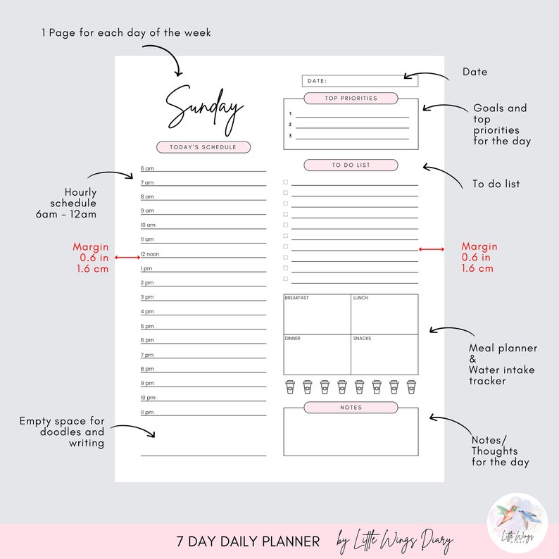 Printable Pink 7 Day Daily Planner Hourly to Do Day to Day - Etsy
