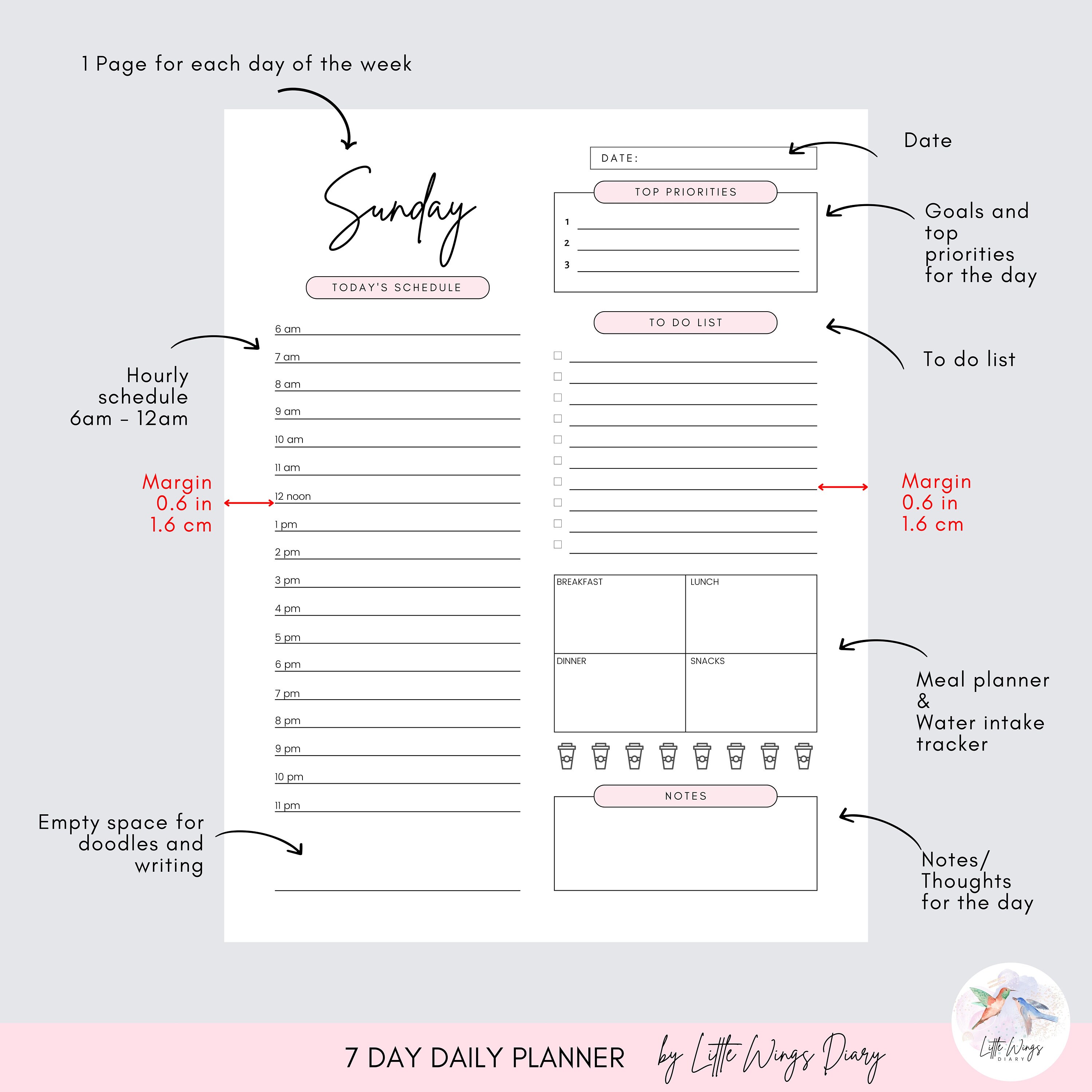 Printable Pink 7 Day Daily Planner Hourly to Do Day to Day Organizer ...