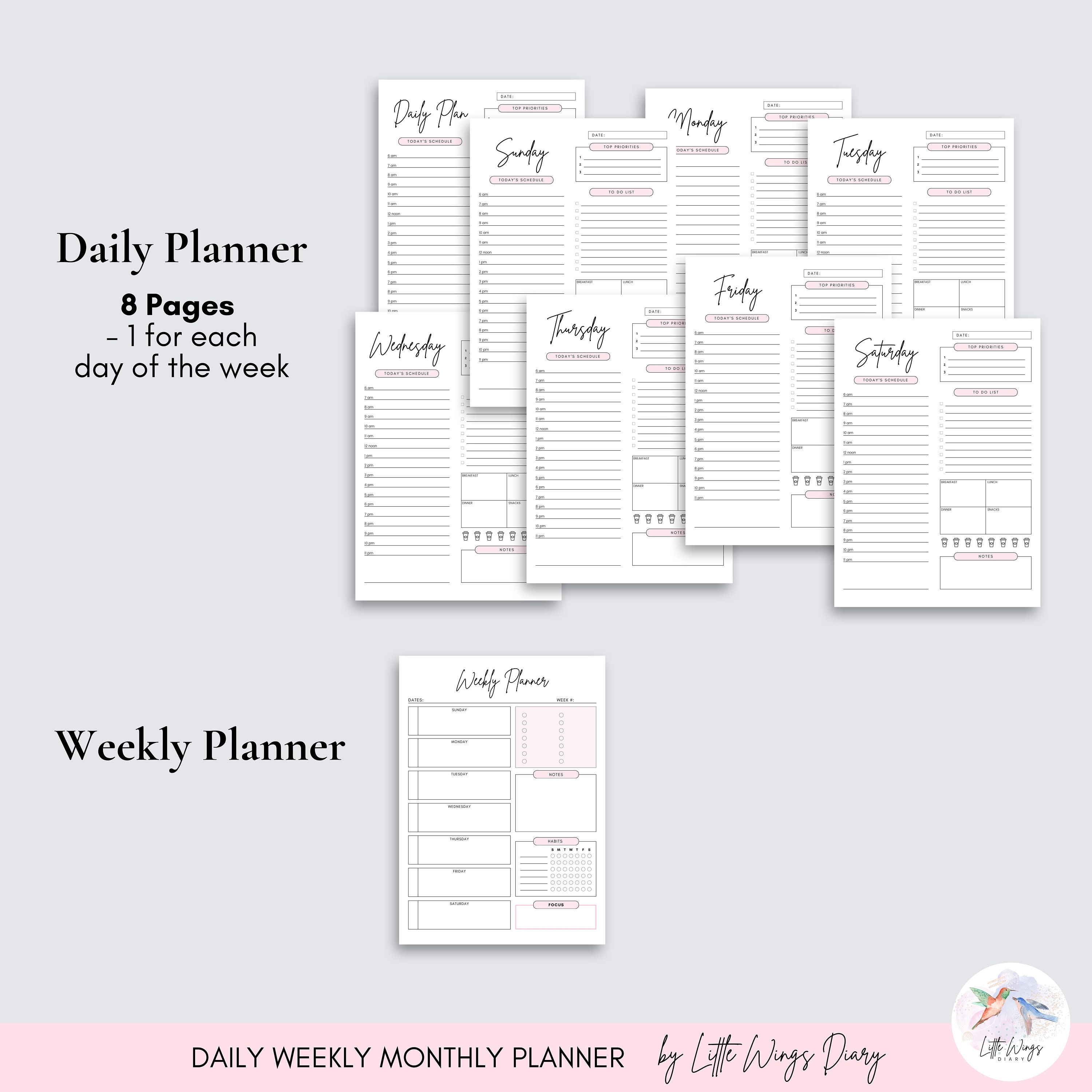 Printable Pink Daily Weekly Monthly Planner Hourly to Do Day Organizer ...