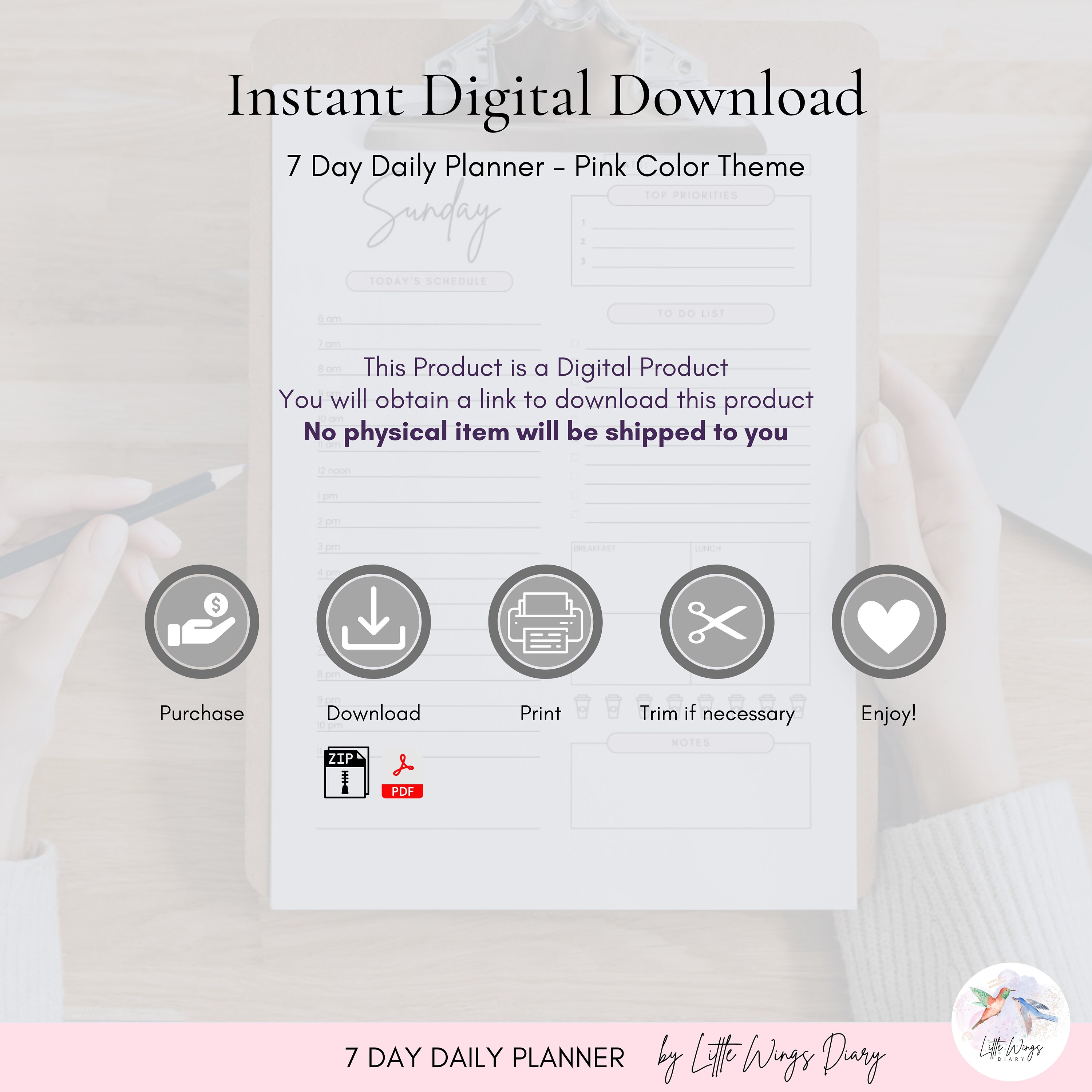Printable Pink 7 Day Daily Planner Hourly to Do Day to Day Organizer ...