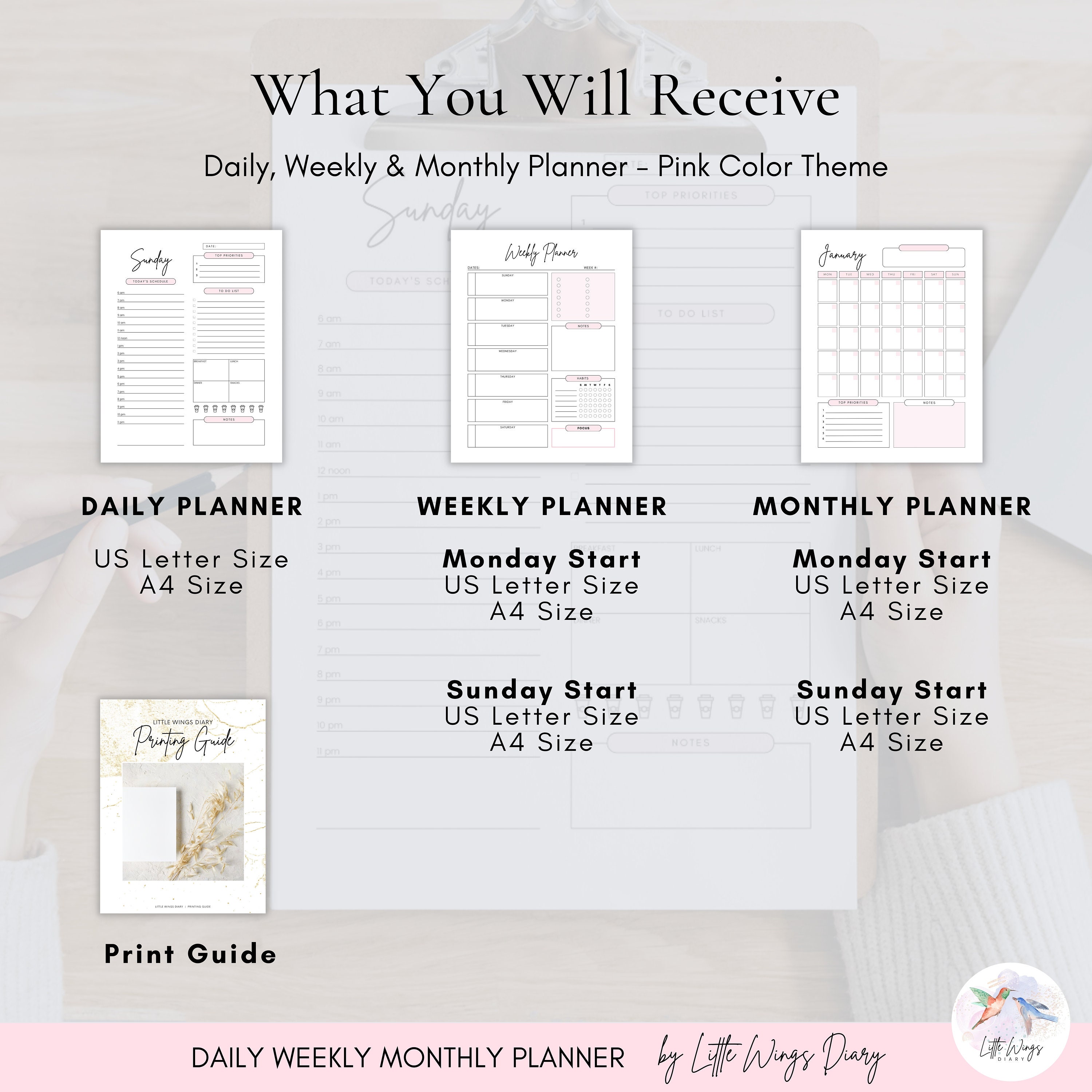 Printable Pink Daily Weekly Monthly Planner Hourly to Do Day Organizer ...