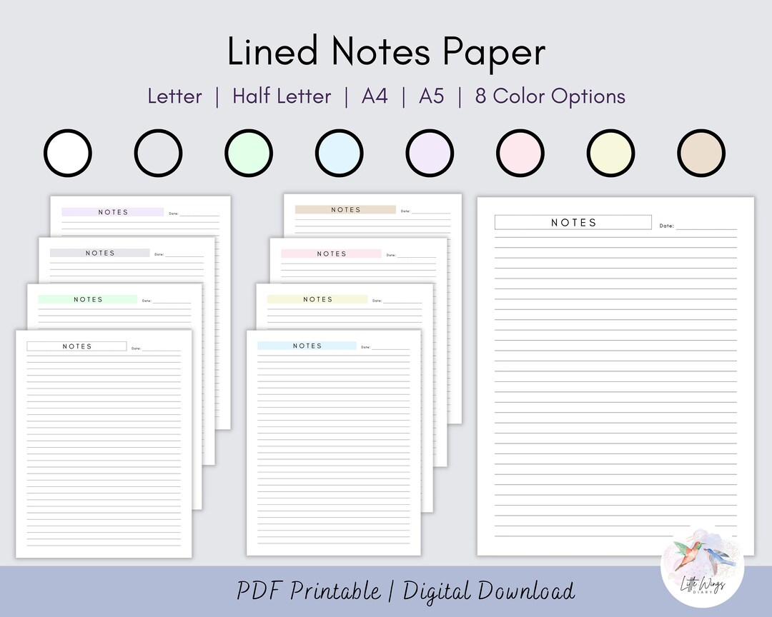 Ruled Lined Notes Paper Printable Pages Planner Binder Diary Journal US ...