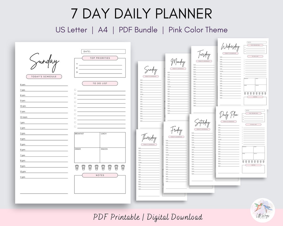 Printable Pink 7 Day Daily Planner Hourly to Do Day to Day Organizer ...
