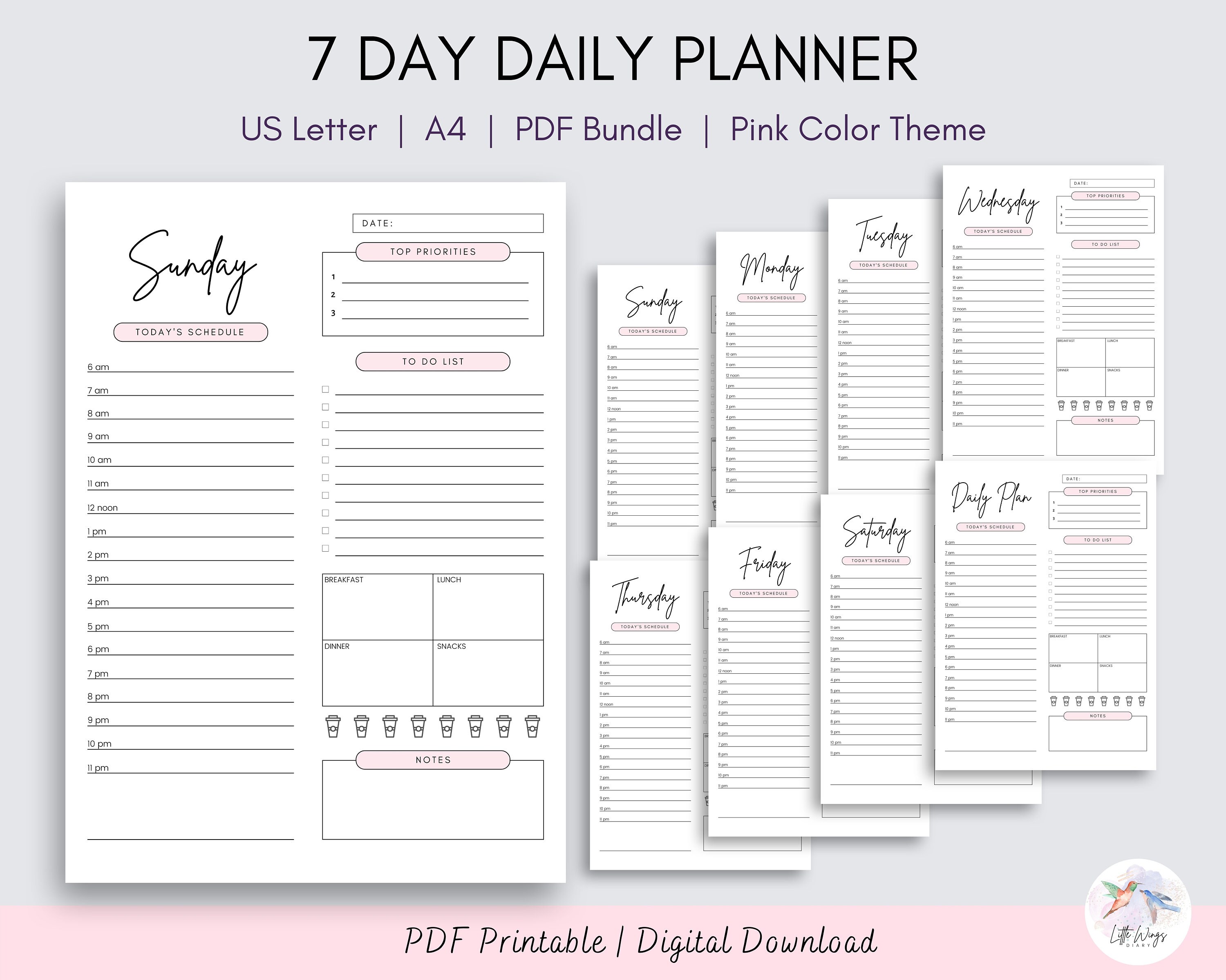 Printable Pink 7 Day Daily Planner Hourly to Do Day to Day Organizer ...