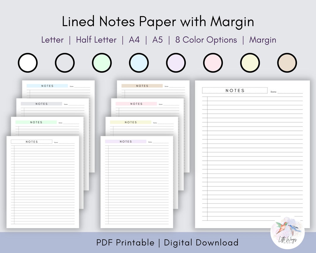Ruled Lined Notes Paper With Margin Printable Pages Planner Binder ...